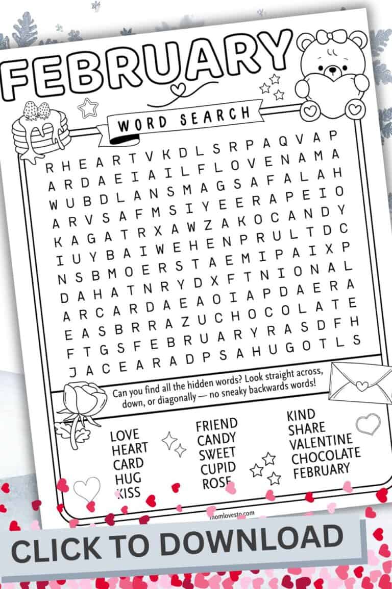 February Word Search Printable (Free Valentine Activity for Kids) - Mom ...