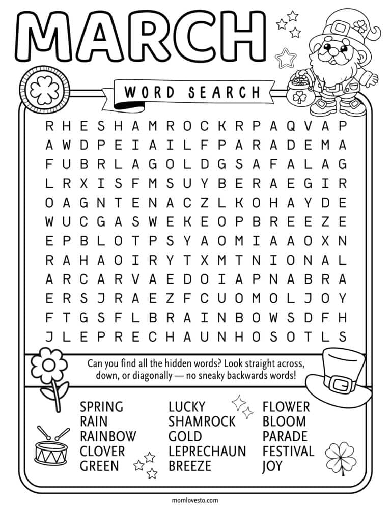 Free March Word Search Printable for Kids (Spring & St. Patrick’s Day ...